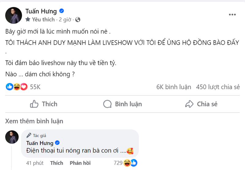 Tuấn Hưng thách Duy Mạnh cùng làm liveshow gây quỹ từ thiện | Báo Tri thức và Cuộc sống - TIN ...